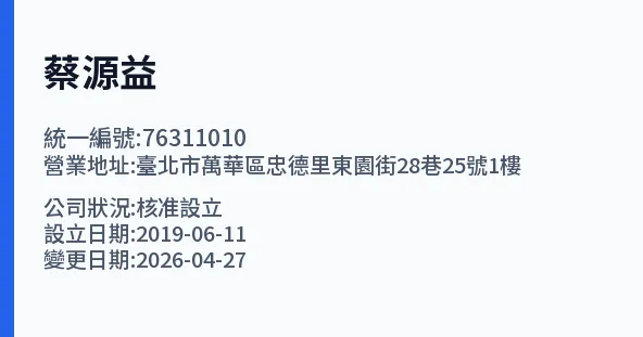 蔡源益的照片-統編 76311010(臺北市) 公司登記資料與營業項目詳細圖表