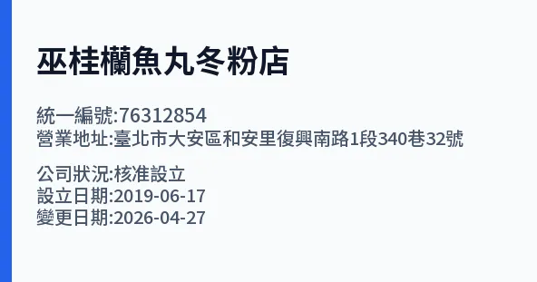 巫桂欗魚丸冬粉店的照片-統編 76312854(臺北市) 公司登記資料與營業項目詳細圖表