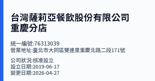 台灣薩莉亞餐飲股份有限公司重慶分店的照片-統編 76313039(臺北市) 公司登記資料與營業項目詳細圖表