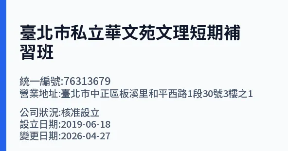 臺北市私立華文苑文理短期補習班的照片-統編 76313679(臺北市) 公司登記資料與營業項目詳細圖表