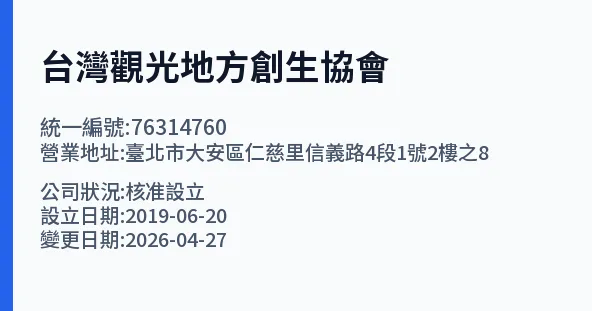 台灣觀光地方創生協會的照片-統編 76314760(臺北市) 公司登記資料與營業項目詳細圖表
