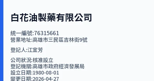 白花油製藥有限公司的照片-統編 76315661(高雄市) 公司登記資料與營業項目詳細圖表