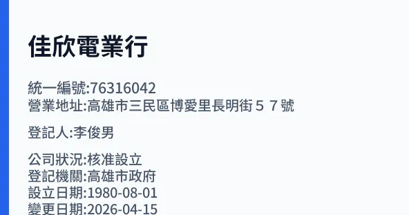 佳欣電業行的照片-統編 76316042(高雄市) 公司登記資料與營業項目詳細圖表
