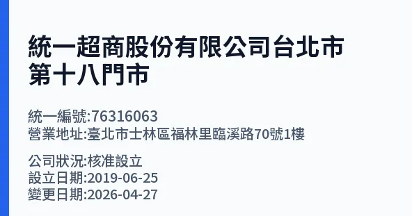 統一超商股份有限公司台北市第十八門市的照片-統編 76316063(臺北市) 公司登記資料與營業項目詳細圖表