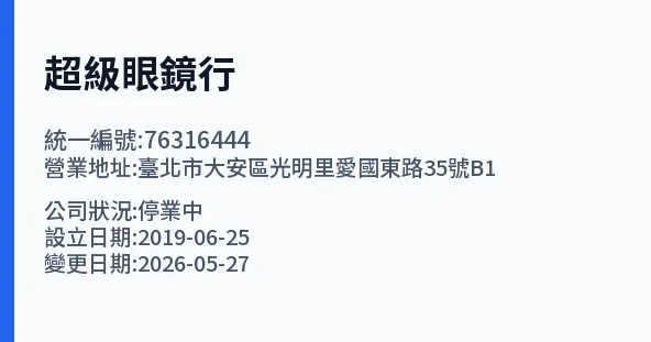 超級眼鏡行的照片-統編 76316444(臺北市) 公司登記資料與營業項目詳細圖表