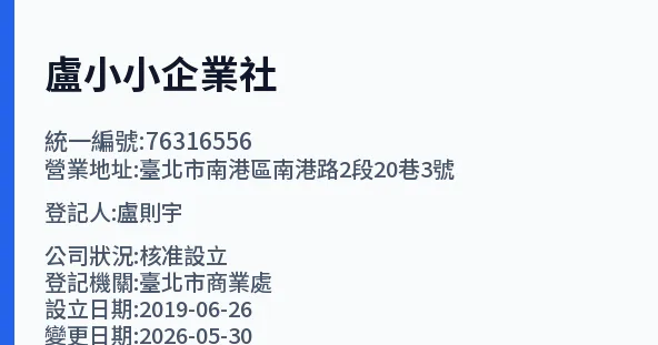 盧小小企業社的照片-統編 76316556(臺北市) 公司登記資料與營業項目詳細圖表