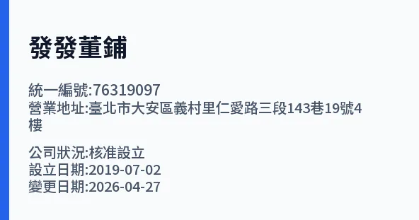 發發董鋪的照片-統編 76319097(臺北市) 公司登記資料與營業項目詳細圖表
