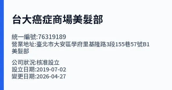 台大癌症商場美髮部的照片-統編 76319189(臺北市) 公司登記資料與營業項目詳細圖表