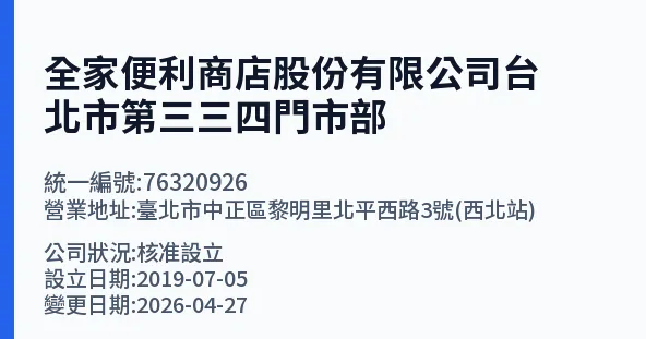 全家便利商店股份有限公司台北市第三三四門市部的照片-統編 76320926(臺北市) 公司登記資料與營業項目詳細圖表