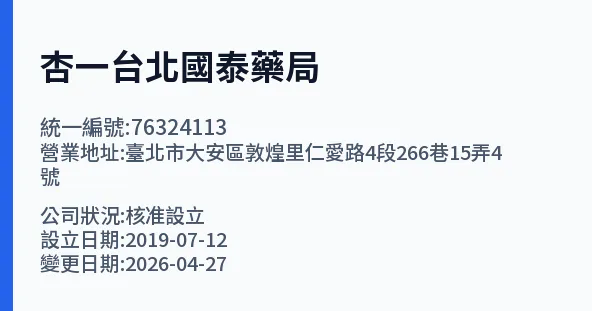 杏一台北國泰藥局的照片-統編 76324113(臺北市) 公司登記資料與營業項目詳細圖表
