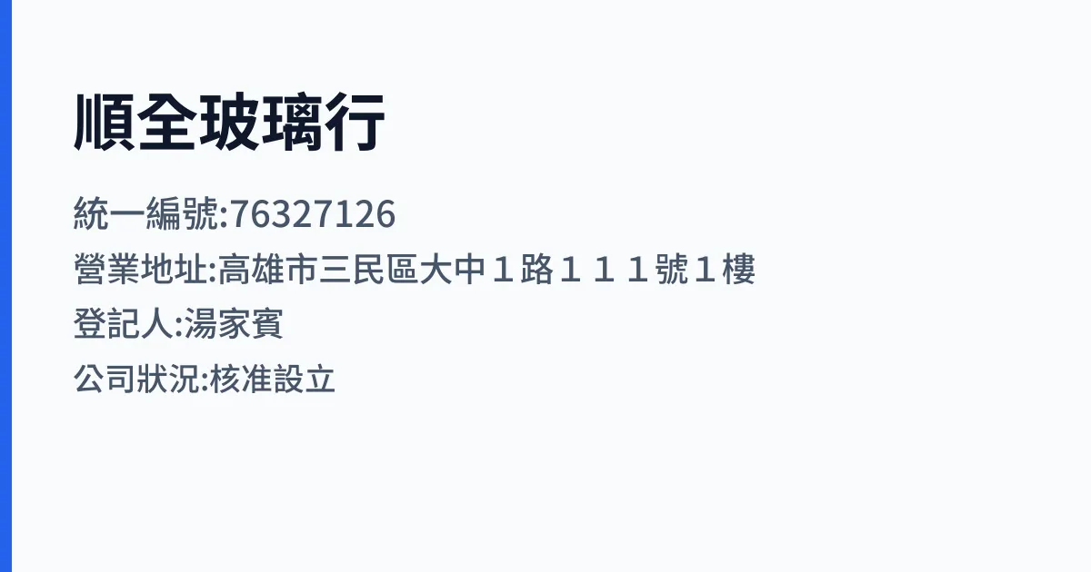 順全玻璃行 - 統編 76327126(高雄市) 公司登記資料與營業項目詳細圖表