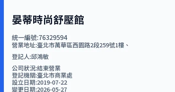 晏蒂時尚舒壓館的照片-統編 76329594(臺北市) 公司登記資料與營業項目詳細圖表