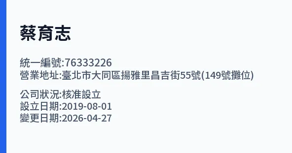 蔡育志的照片-統編 76333226(臺北市) 公司登記資料與營業項目詳細圖表