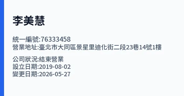 李美慧的照片-統編 76333458(臺北市) 公司登記資料與營業項目詳細圖表