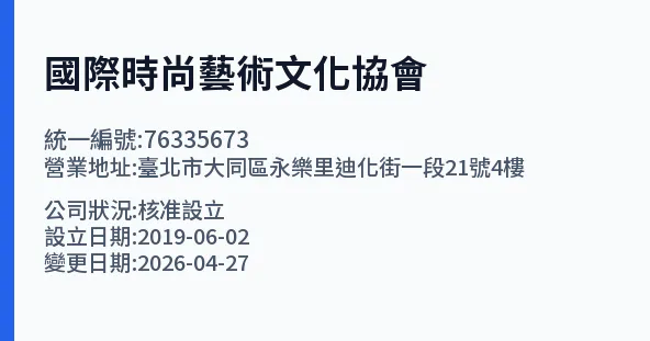 國際時尚藝術文化協會的照片-統編 76335673(臺北市) 公司登記資料與營業項目詳細圖表
