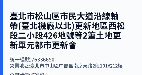 臺北市松山區市民大道沿線軸帶(臺北機廠以北)更新地區西松段二小段426地號等2筆土地更新單元都市更新會的照片-統編 76336650(臺北市) 公司登記資料與營業項目詳細圖表