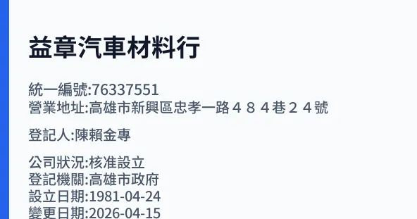 益章汽車材料行的照片-統編 76337551(高雄市) 公司登記資料與營業項目詳細圖表