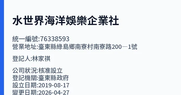 水世界海洋娛樂企業社的照片-統編 76338593(臺東縣) 公司登記資料與營業項目詳細圖表