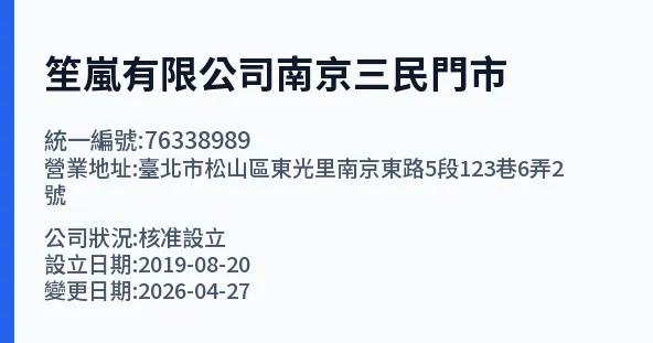 笙嵐有限公司南京三民門市的照片-統編 76338989(臺北市) 公司登記資料與營業項目詳細圖表