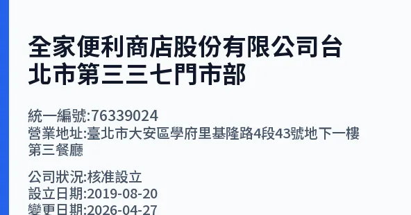 全家便利商店股份有限公司台北市第三三七門市部的照片-統編 76339024(臺北市) 公司登記資料與營業項目詳細圖表