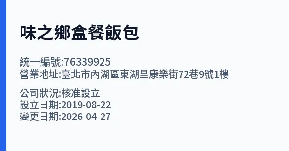 味之鄉盒餐飯包的照片-統編 76339925(臺北市) 公司登記資料與營業項目詳細圖表