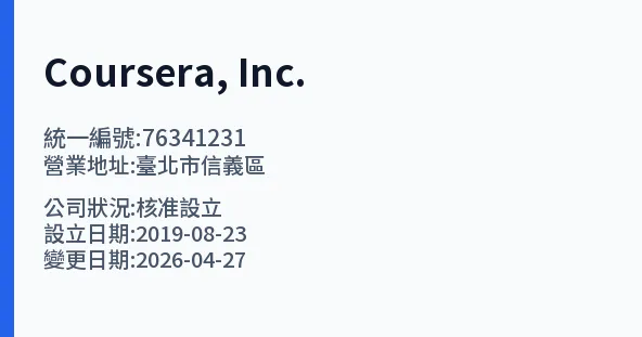 Coursera, Inc.的照片-統編 76341231(臺北市) 公司登記資料與營業項目詳細圖表
