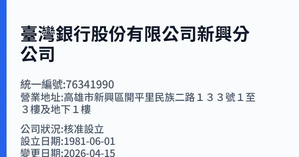 臺灣銀行股份有限公司新興分公司的照片-統編 76341990(高雄市) 公司登記資料與營業項目詳細圖表