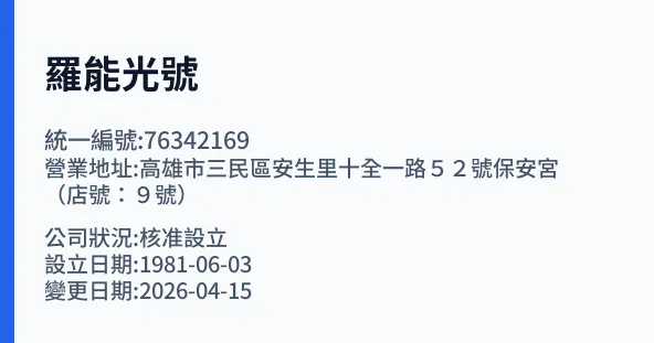 羅能光號的照片-統編 76342169(高雄市) 公司登記資料與營業項目詳細圖表
