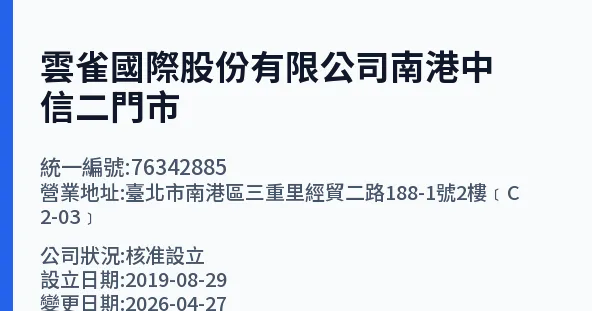 雲雀國際股份有限公司南港中信二門市的照片-統編 76342885(臺北市) 公司登記資料與營業項目詳細圖表