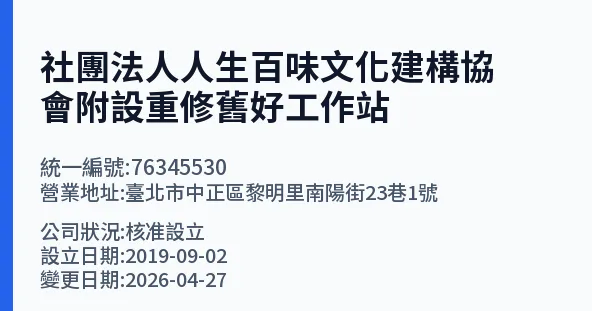 社團法人人生百味文化建構協會附設重修舊好工作站的照片-統編 76345530(臺北市) 公司登記資料與營業項目詳細圖表