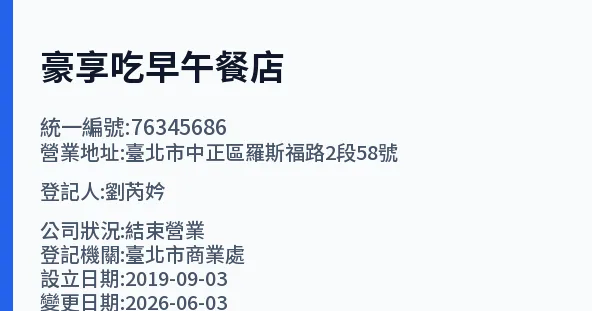 豪享吃早午餐店的照片-統編 76345686(臺北市) 公司登記資料與營業項目詳細圖表