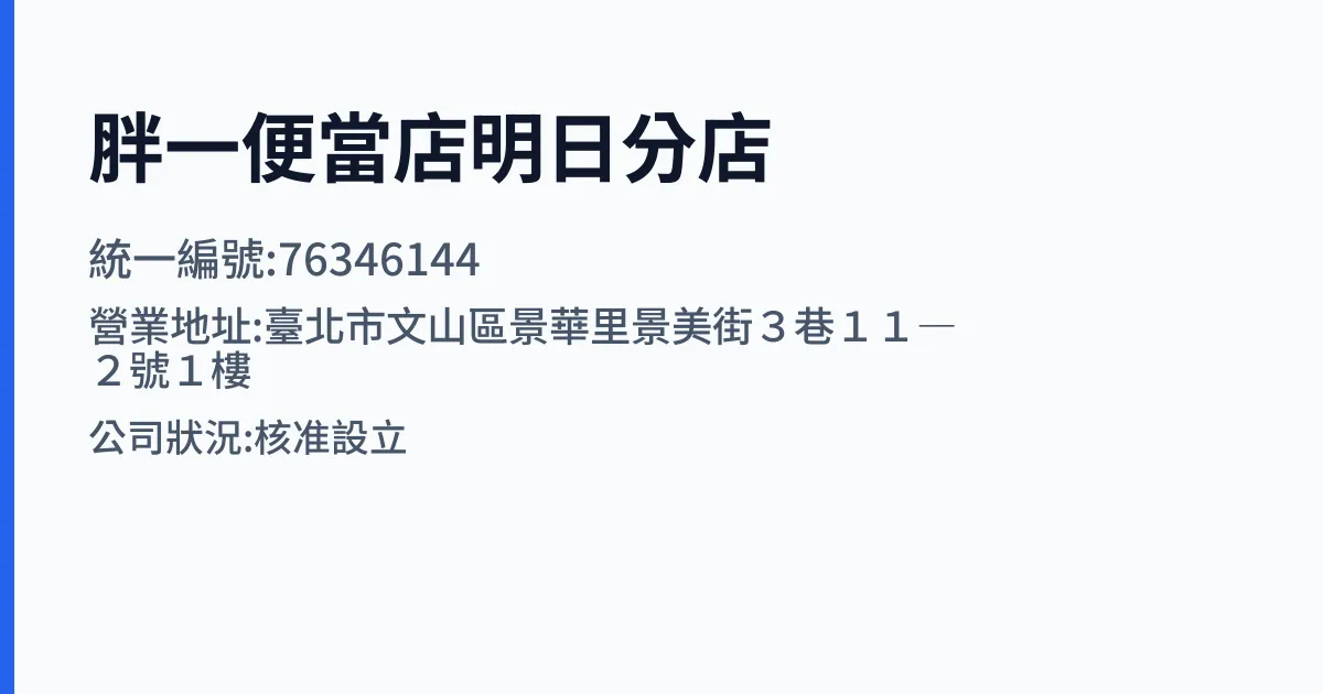 胖一便當店明日分店 - 統編 76346144(臺北市) 公司登記資料與營業項目詳細圖表