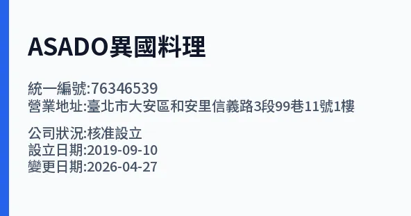ASADO異國料理的照片-統編 76346539(臺北市) 公司登記資料與營業項目詳細圖表