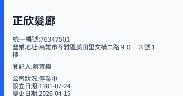正欣髮廊的照片-統編 76347501(高雄市) 公司登記資料與營業項目詳細圖表