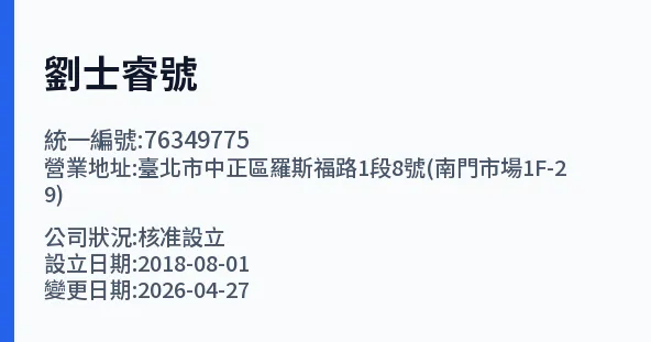 劉士睿號的照片-統編 76349775(臺北市) 公司登記資料與營業項目詳細圖表