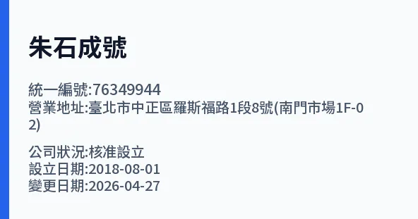 朱石成號的照片-統編 76349944(臺北市) 公司登記資料與營業項目詳細圖表