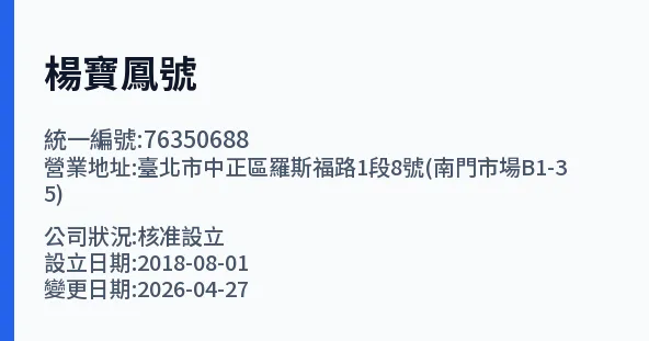 楊寶鳳號的照片-統編 76350688(臺北市) 公司登記資料與營業項目詳細圖表