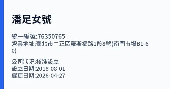 潘足女號的照片-統編 76350765(臺北市) 公司登記資料與營業項目詳細圖表