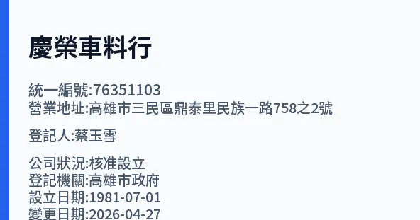 慶榮車料行的照片-統編 76351103(高雄市) 公司登記資料與營業項目詳細圖表