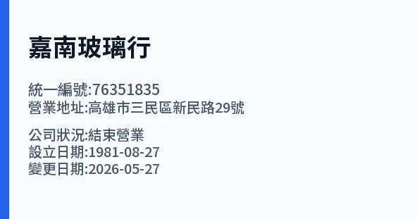 嘉南玻璃行的照片-統編 76351835(高雄市) 公司登記資料與營業項目詳細圖表