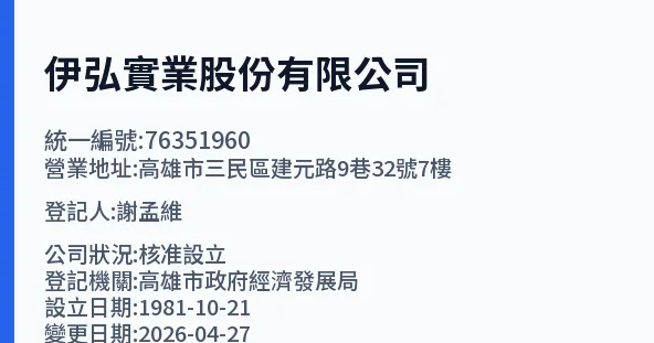 伊弘實業股份有限公司的照片-統編 76351960(高雄市) 公司登記資料與營業項目詳細圖表
