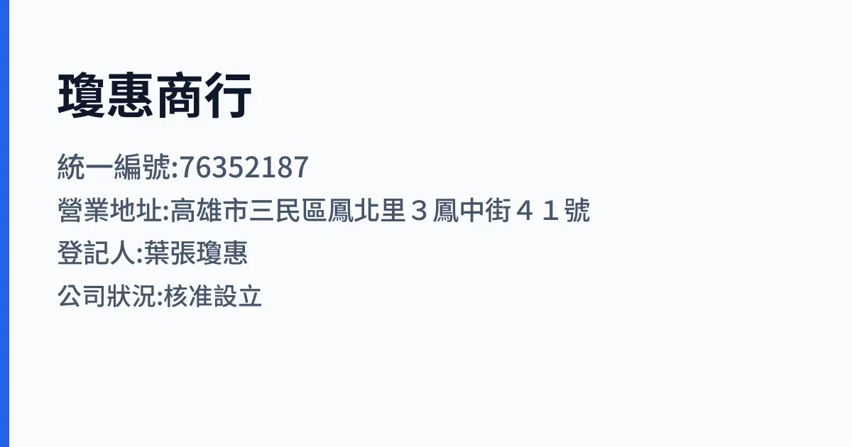 瓊惠商行 - 統編 76352187(高雄市) 公司登記資料與營業項目詳細圖表