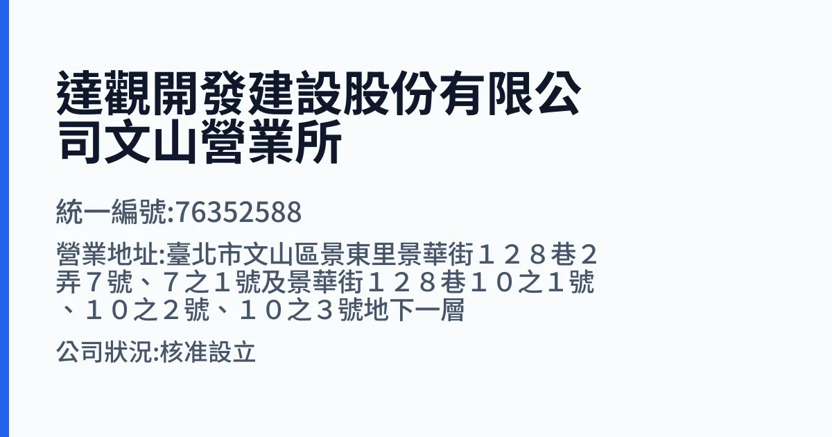 達觀開發建設股份有限公司文山營業所 - 統編 76352588(臺北市) 公司登記資料與營業項目詳細圖表