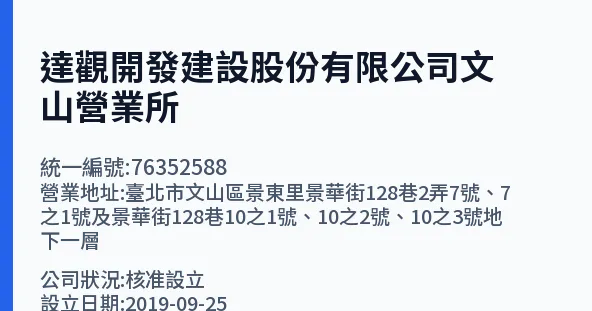 達觀開發建設股份有限公司文山營業所的照片-統編 76352588(臺北市) 公司登記資料與營業項目詳細圖表