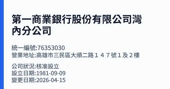 第一商業銀行股份有限公司灣內分公司的照片-統編 76353030(高雄市) 公司登記資料與營業項目詳細圖表