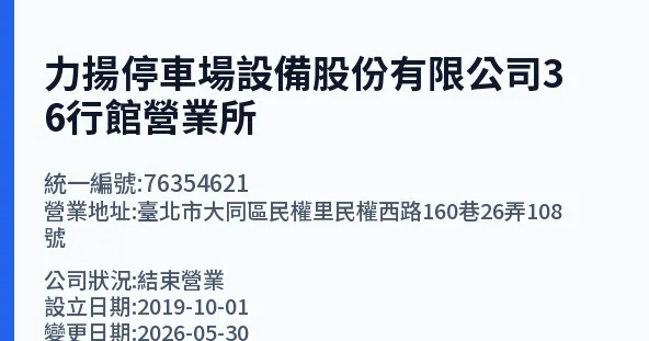 力揚停車場設備股份有限公司36行館營業所的照片-統編 76354621(臺北市) 公司登記資料與營業項目詳細圖表