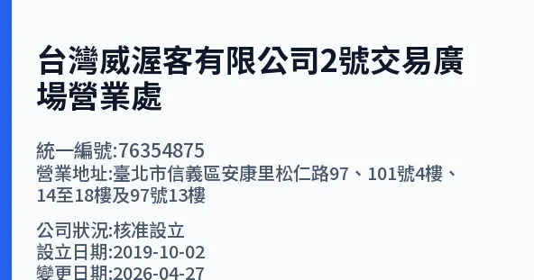 台灣威渥客有限公司2號交易廣場營業處的照片-統編 76354875(臺北市) 公司登記資料與營業項目詳細圖表