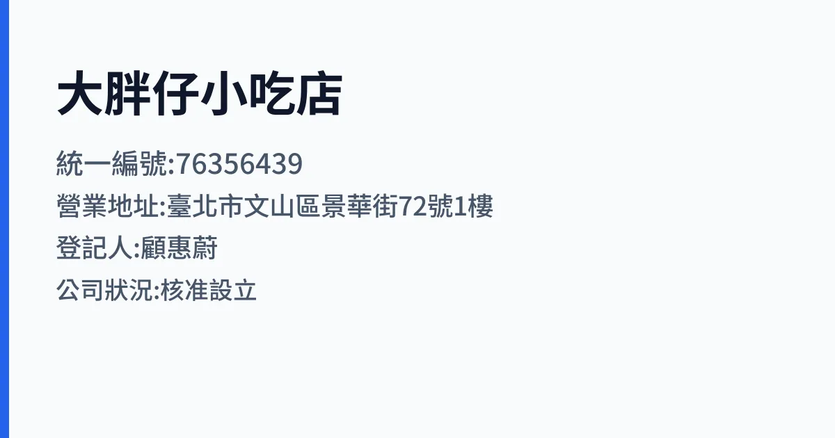 大胖仔小吃店 - 統編 76356439(臺北市) 公司登記資料與營業項目詳細圖表