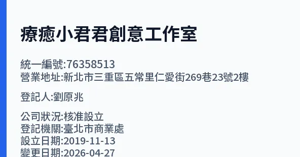 療癒小君君創意工作室的照片-統編 76358513(新北市) 公司登記資料與營業項目詳細圖表