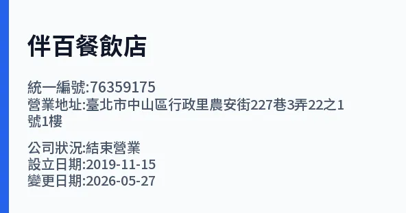 伴百餐飲店的照片-統編 76359175(臺北市) 公司登記資料與營業項目詳細圖表